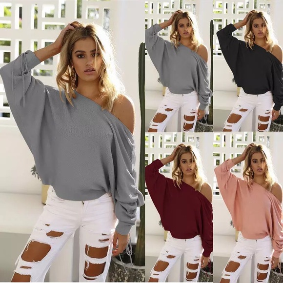 Sweaters | Pink Open Shoulder Batwing Sweater | Poshmark
